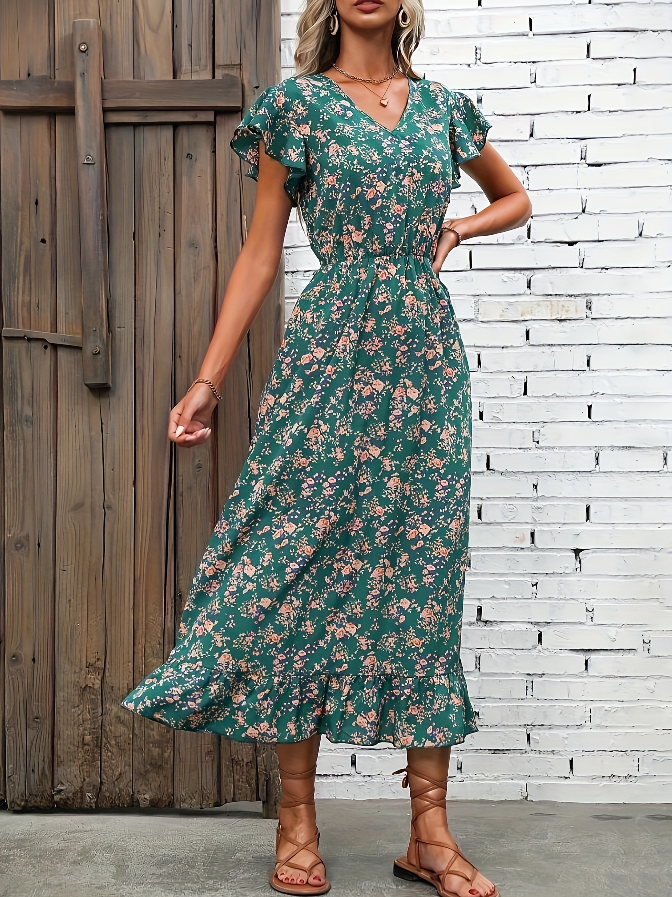 Floral Print V Neck Dress Casual Ruffle Sleeve Dress Spring - Temu Canada