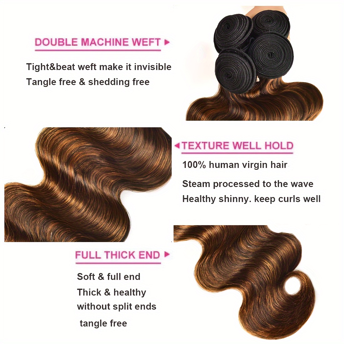 Brown Highlight Body Wave Human Hair Weave 3 Bundles - Temu Canada
