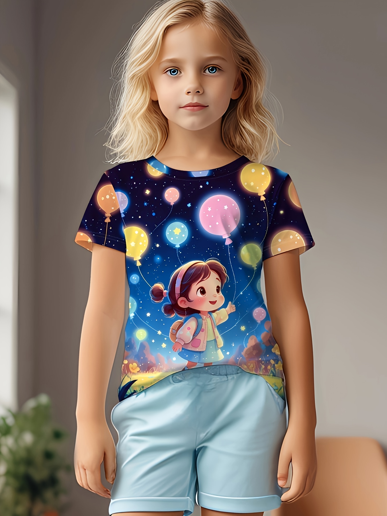 Cute Cartoon Girl Graphic Crew Neck Short Sleeve T Shirt Pullover For ...