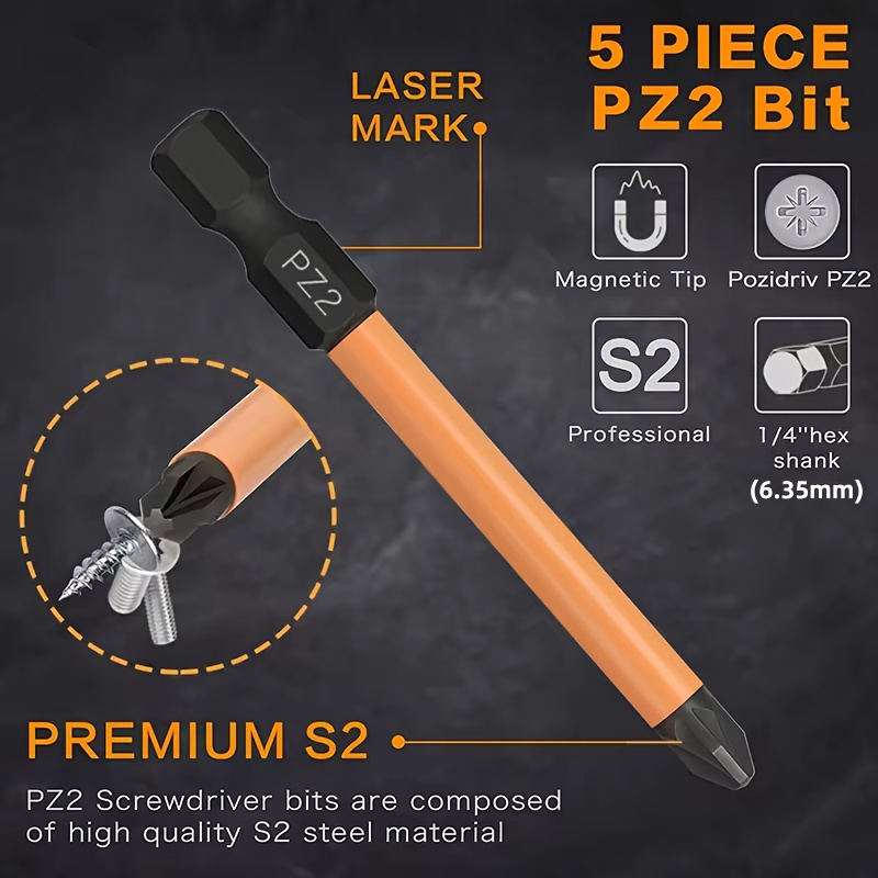 5pcs PZ2 Impact Screwdriver Bits Set 75mm Driver Bit 1 4 Inch Hex Shank Magnetic PZ2 Screw Drill Bits