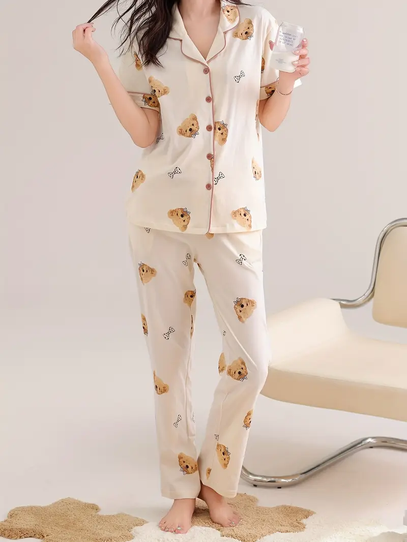 Կանացի Cute Bear Print Lounge հավաքածու կարճաթև կոճակներով Temu Armenia