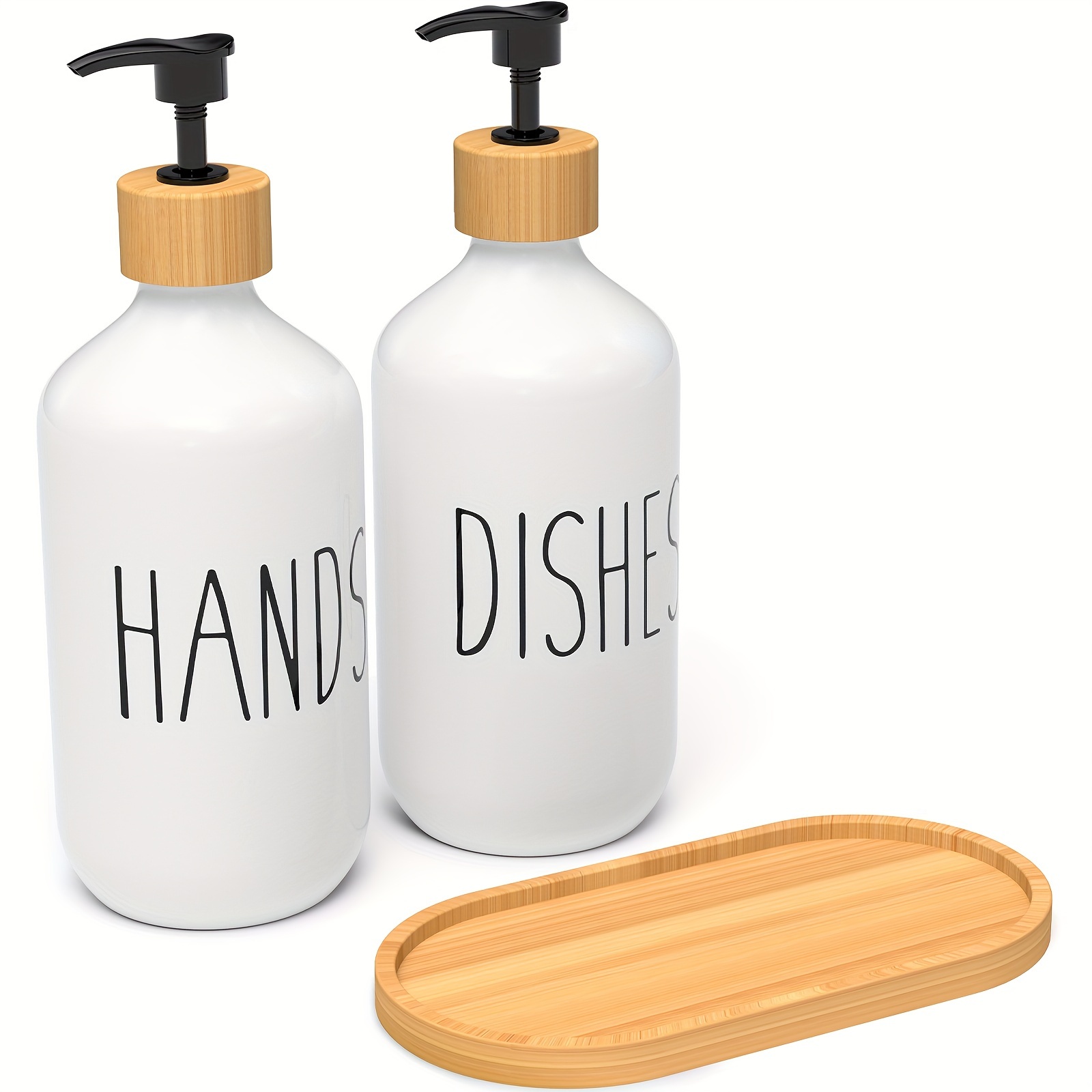 2pcs Soap Dispenser Set Countertop Lotion Bottle With Wooden Tray Bathroom Hand Soap Dispenser Refillable Empty Bottle For Hand Dish Soap