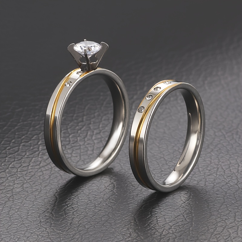 Fashion Line Couple Rings Set Rhinestone Titanium Steel Ring - Temu ...