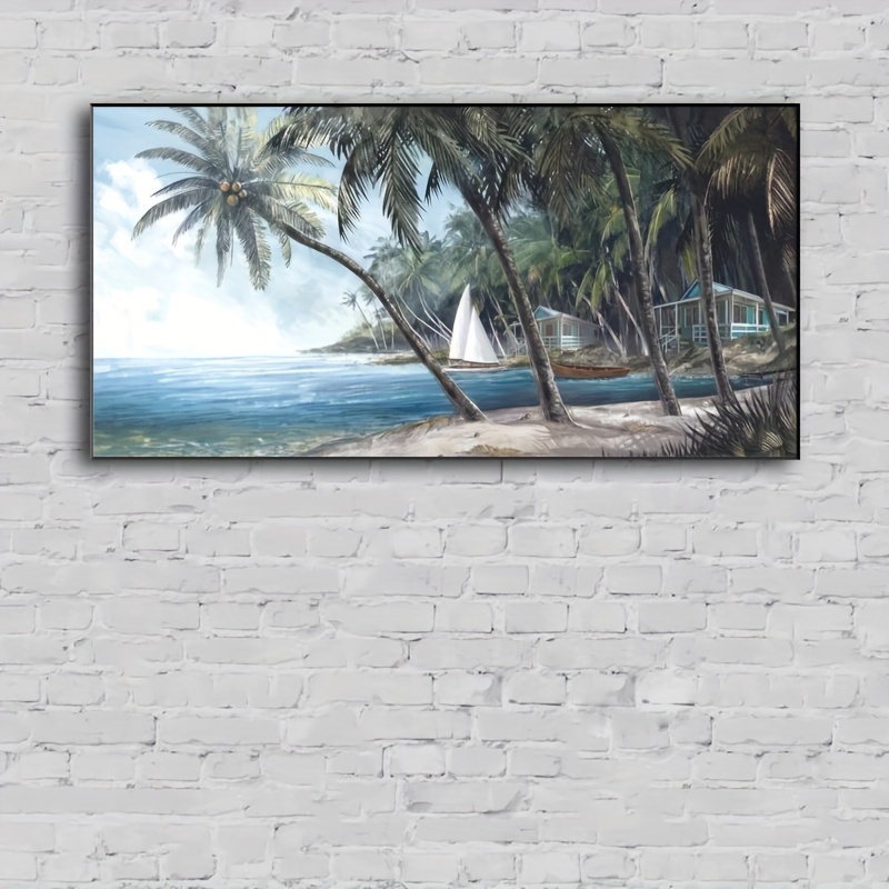Sea Island Landscape Painting Palm Tree Sailing House Canvas - Temu ...