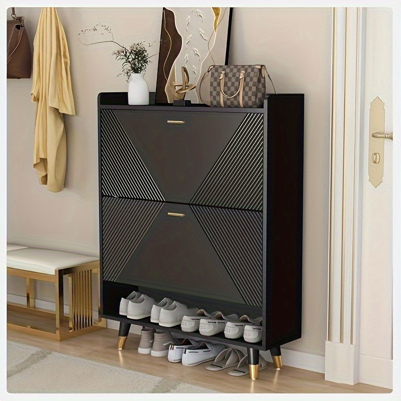 Black Wooden Shoe Cabinet with Modern Entryway Organizer with Doors 2 Flip Drawers and Hidden Storage Scratch Resistant Waterp