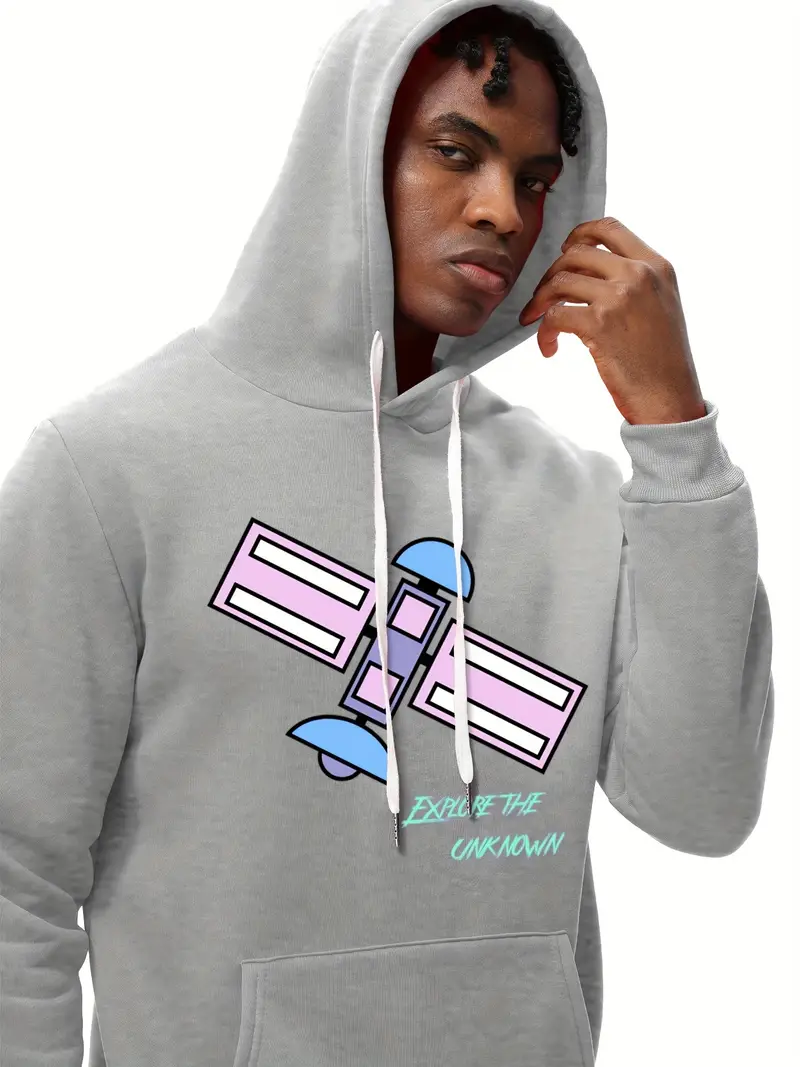 Planet Print Mens Warm Pullover Round Neck Hoodies Kangaroo Temu New