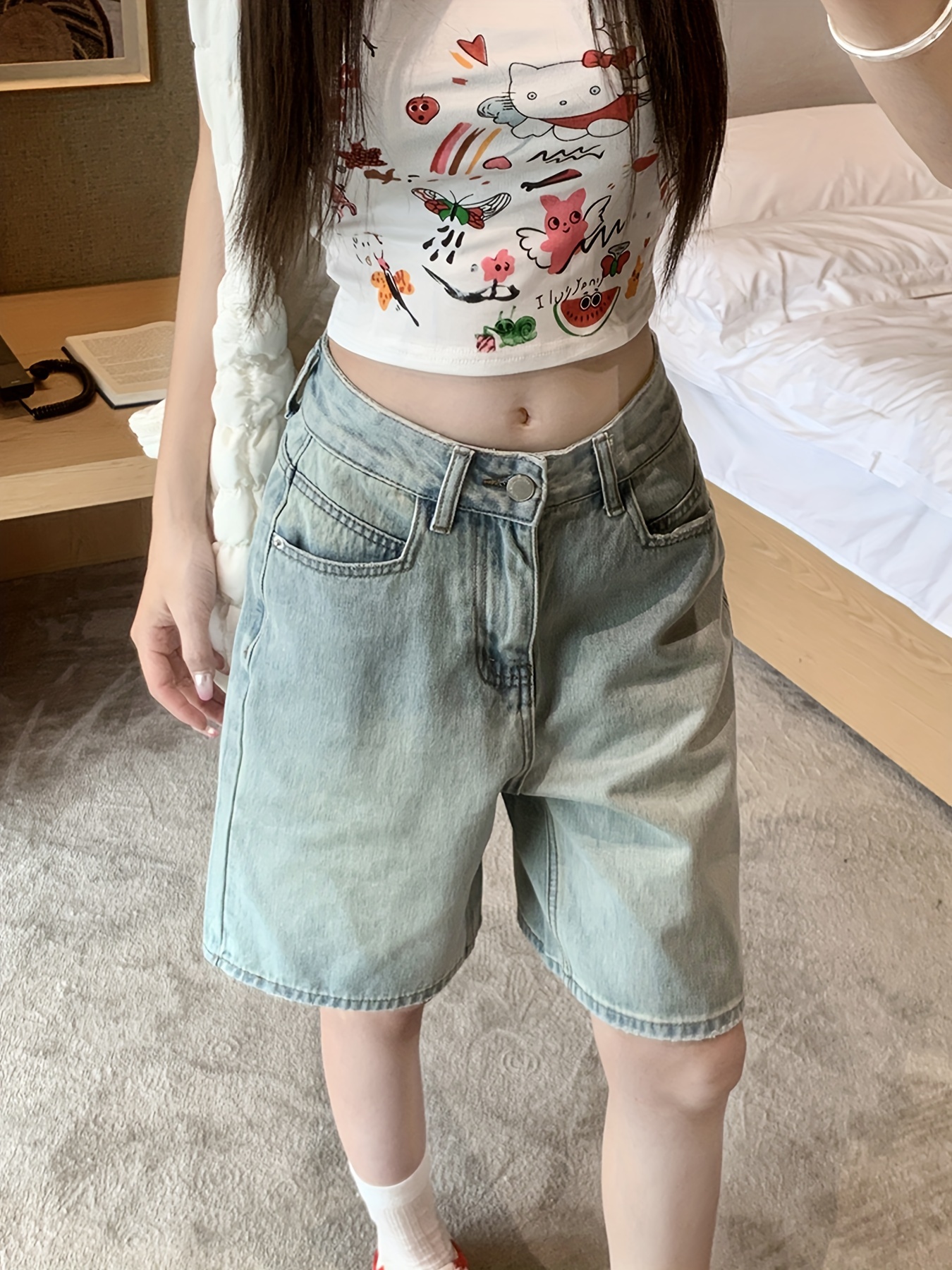 Plain Light Washed Blue Slash Pocket Loose Fit Straight Leg Denim ...