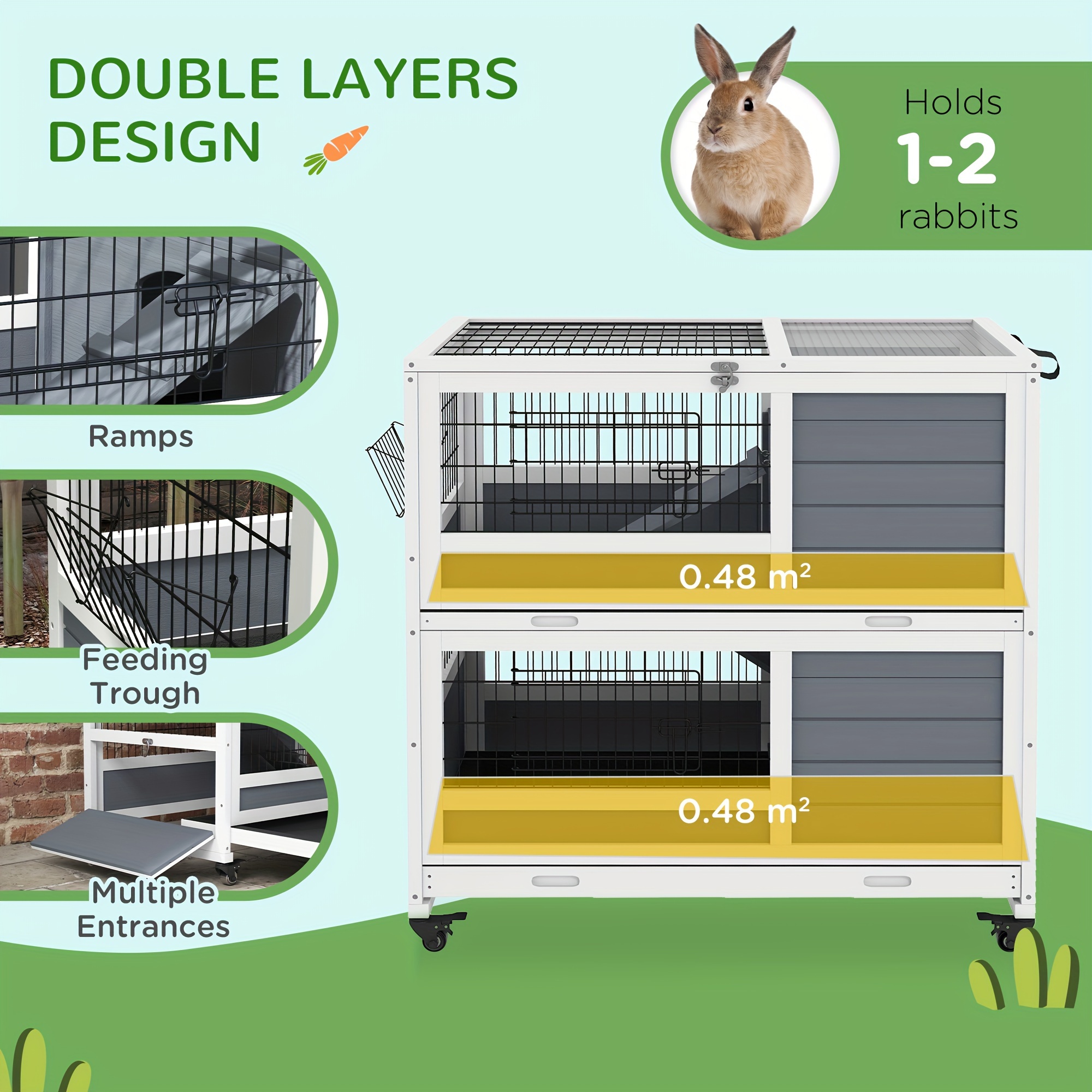 Indoor Rabbit Hutch With Wheels, 2-tier Rabbit Cage, 35.5" Wooden ...