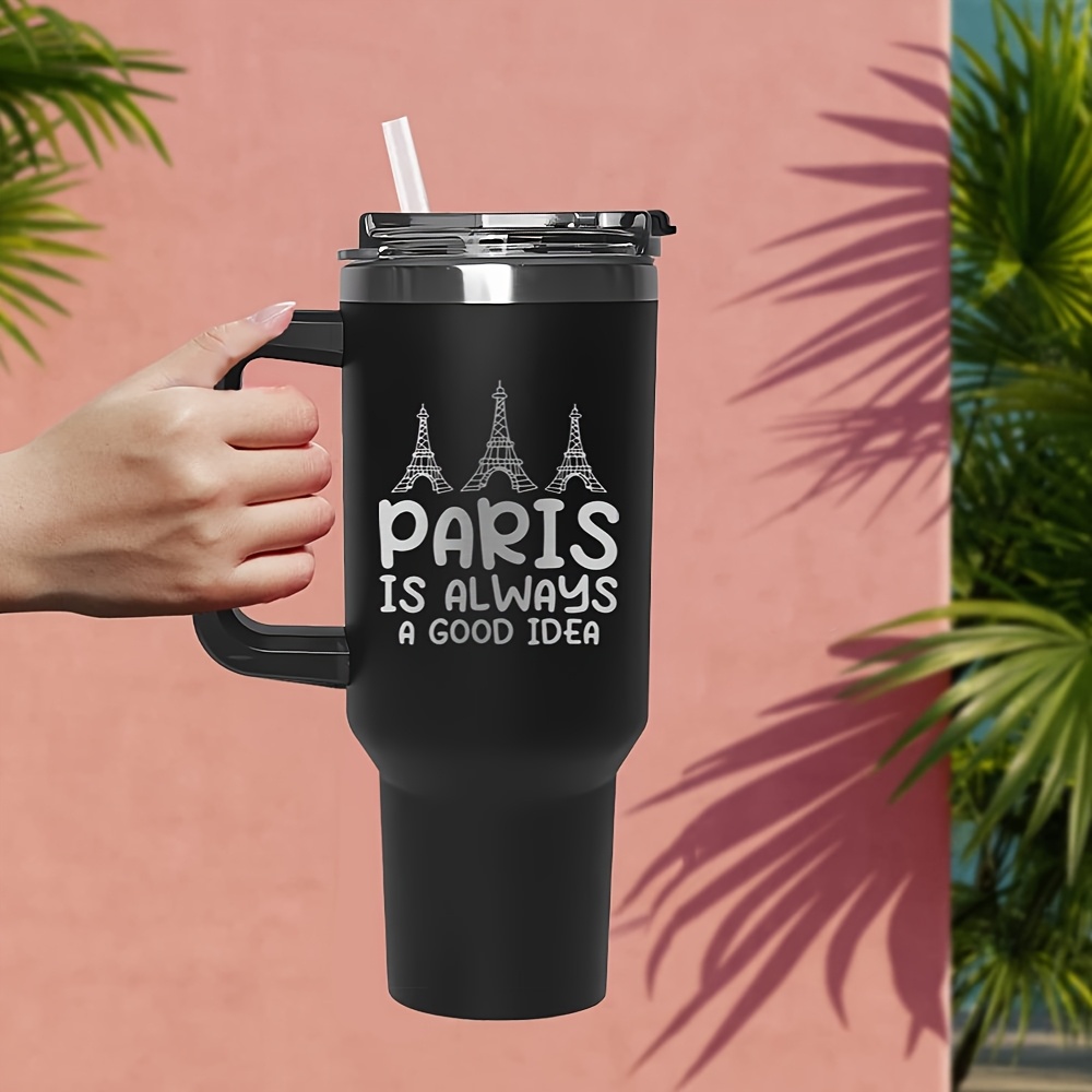 paris themed stainless steel tumbler handle double wall - Temu