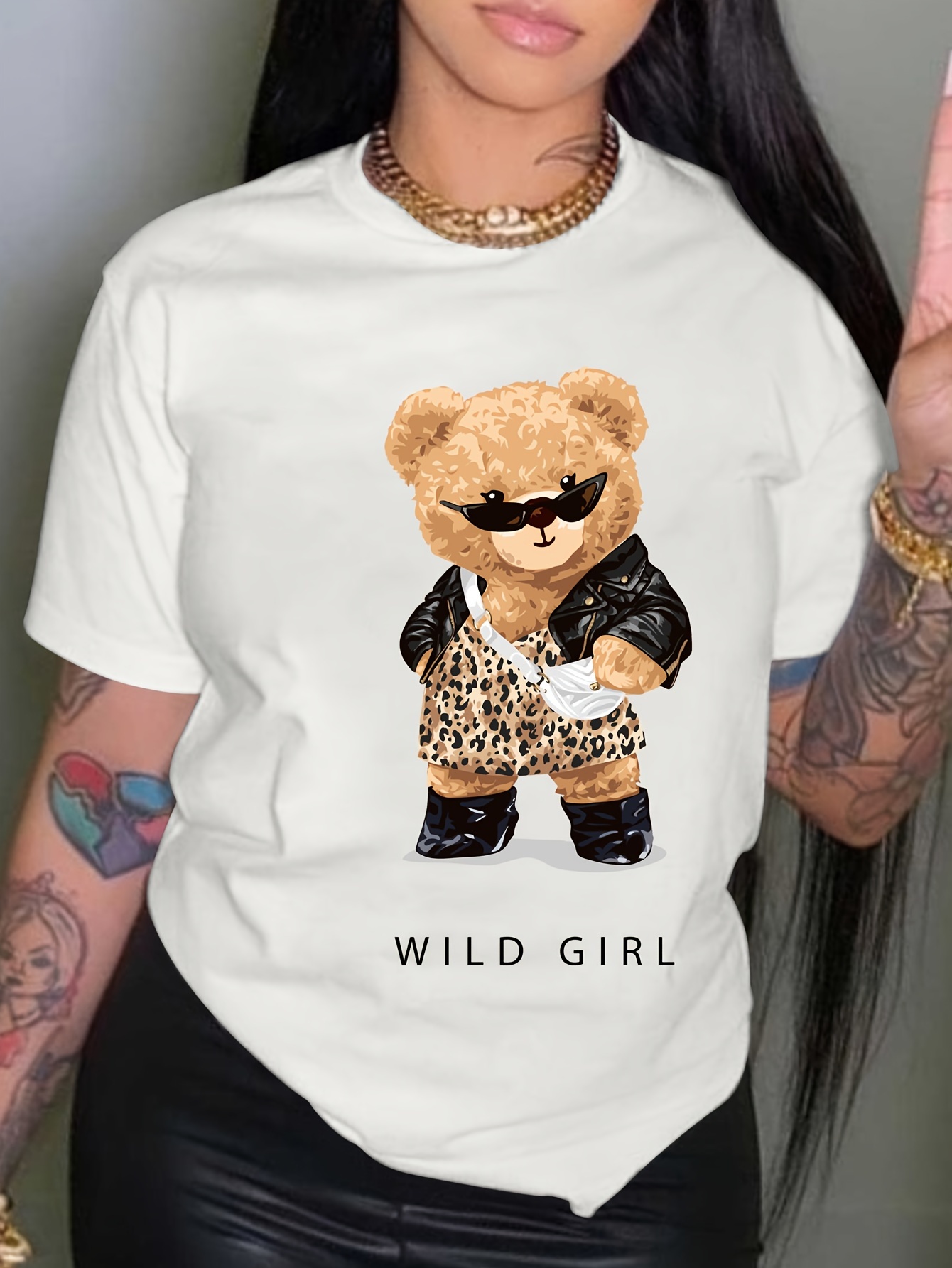 Cool Little Bear Print Drop Shoulder T shirt Short Sleeve - Temu South ...