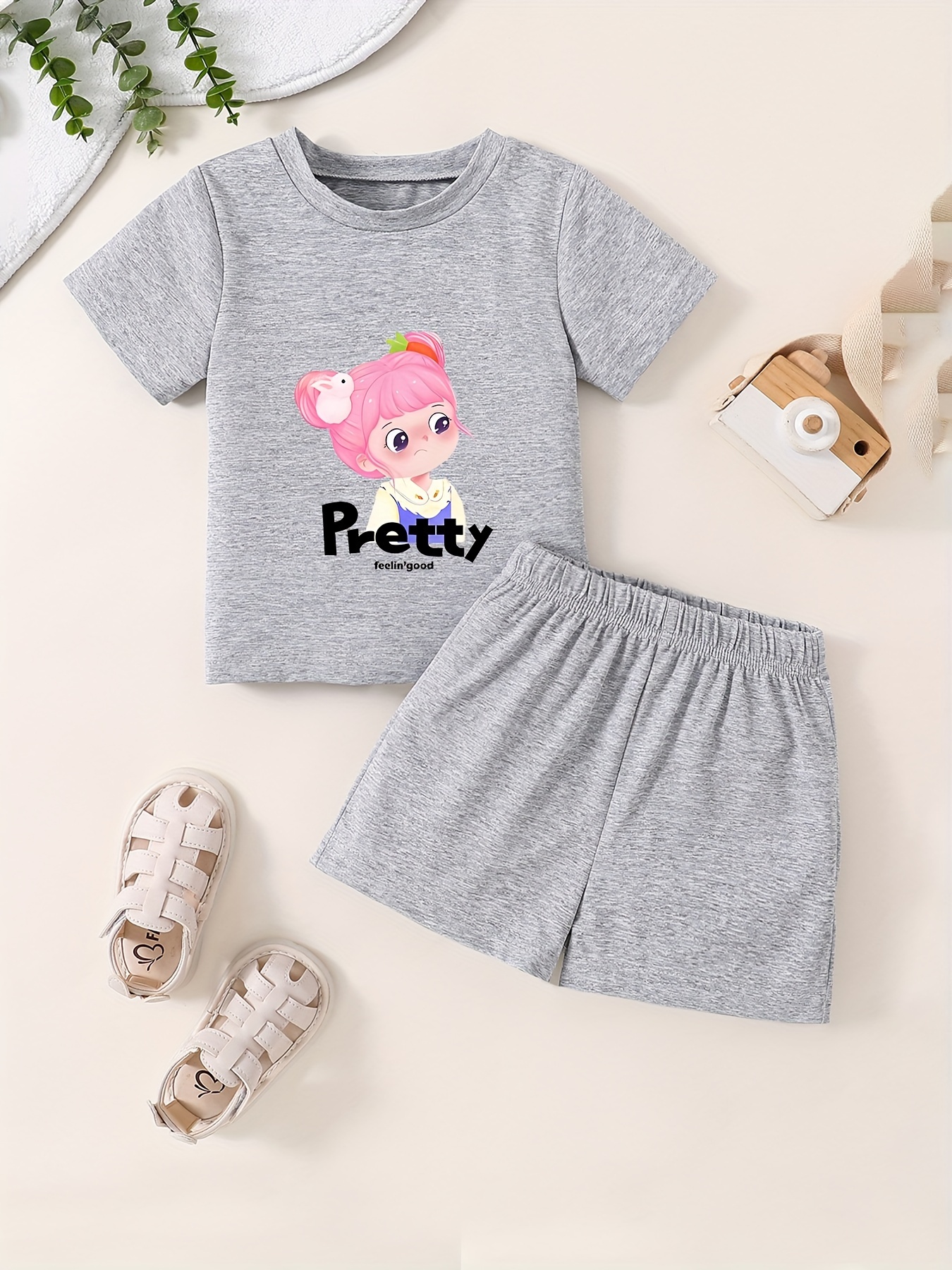 Cute Cartoon Girl Print Tee Comfy Shorts Baby's Set Baby - Temu Australia