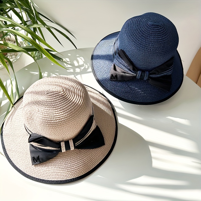 Trendy Black Bowknot Straw Hat Elegant Summer Sun Hats - Temu Australia