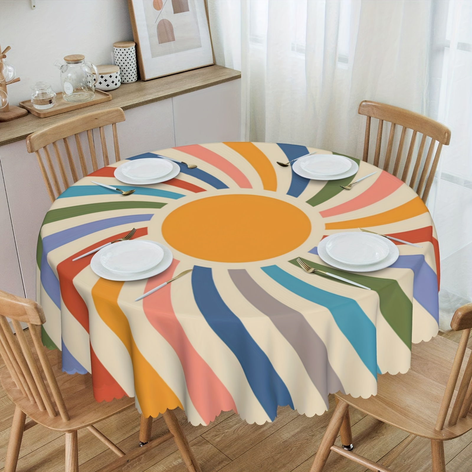 Boho Style Tablecloth Rustic Cream Sun Rainbow Stripes Table - Temu