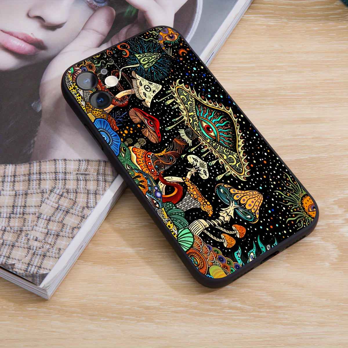 Black Matte Phone Case Hand painted Cartoon Mushroom Eye - Temu New Zealand