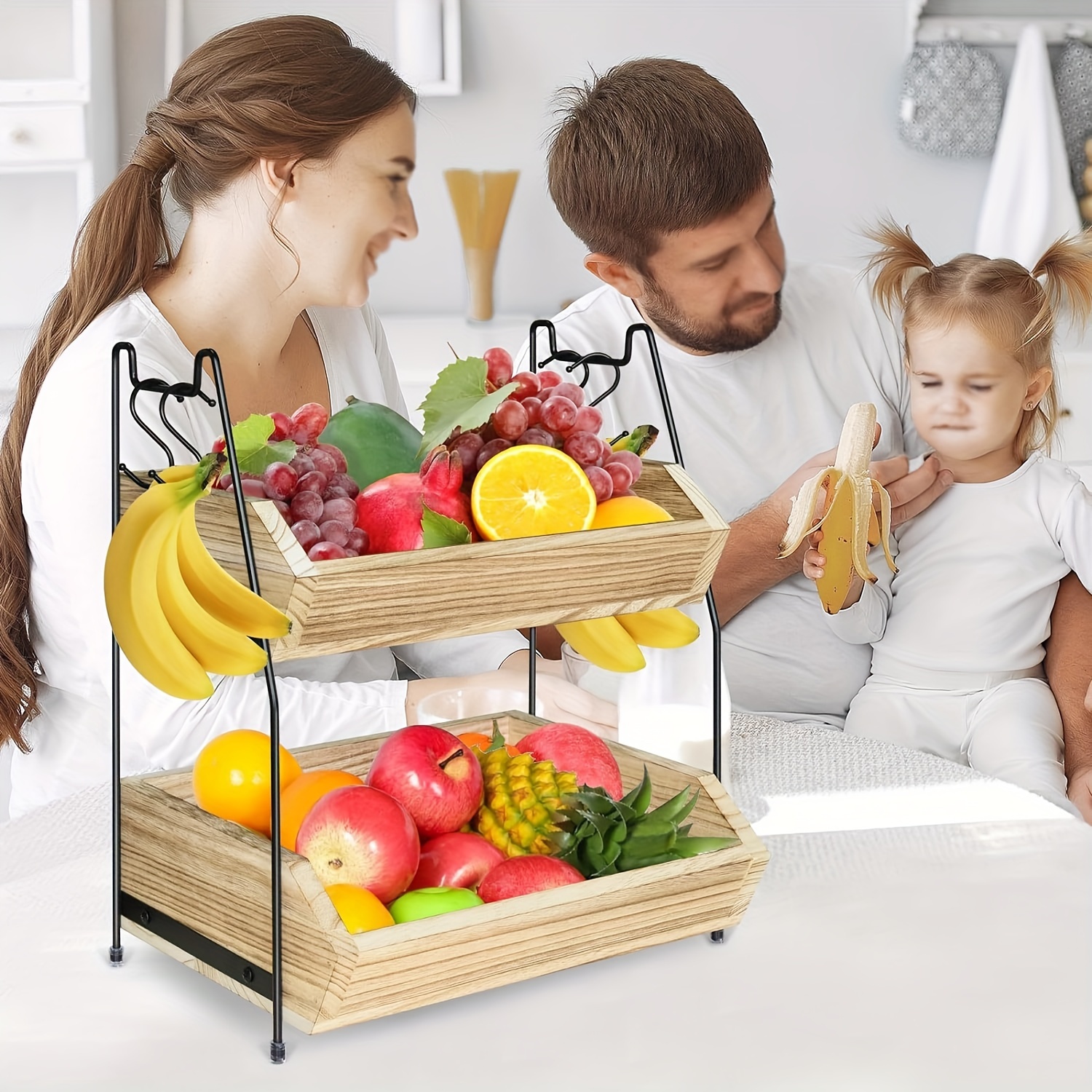 Rustic Wooden 2 tier Fruit Basket Countertop Organizer - Temu