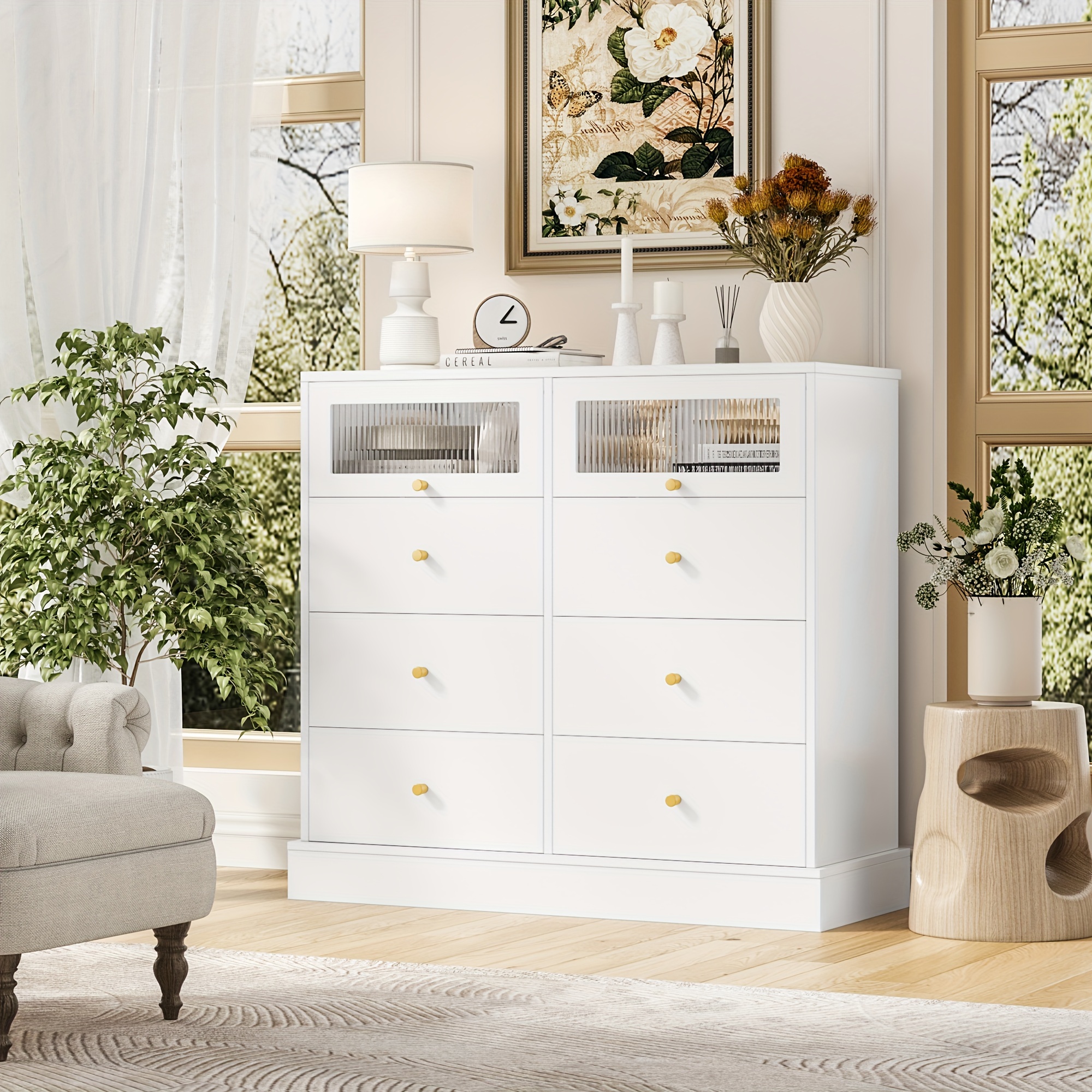 FULTRU 8 Drawer Double Dresser For Bedroom With Glass Doors White Chest Of Drawers Storage Cabinet For Hallway Living Room