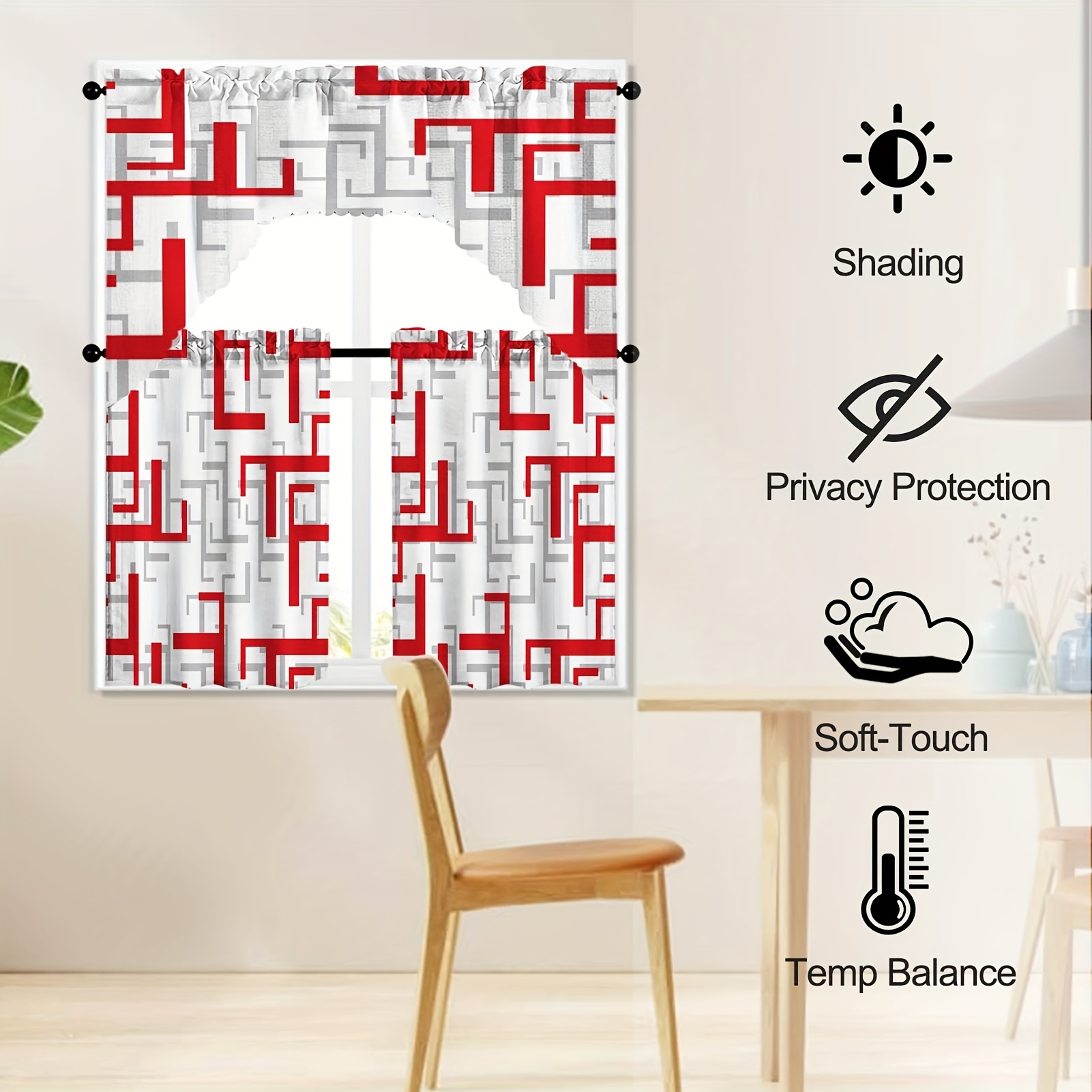 Geometric Red Kitchen Curtains Set Valance Kitchen - Temu