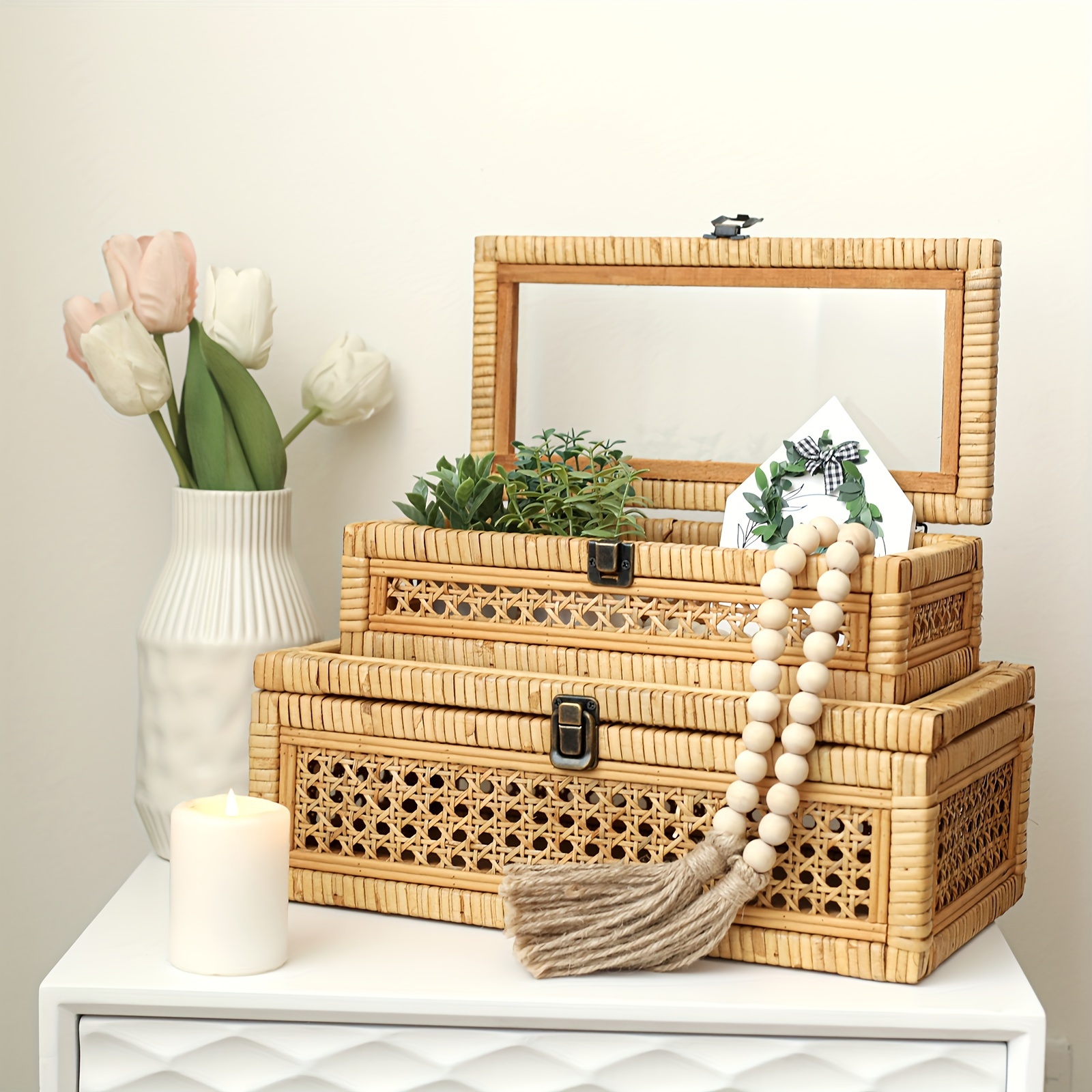 rattan cane stacking boxes glass top lid boho rustic - Temu
