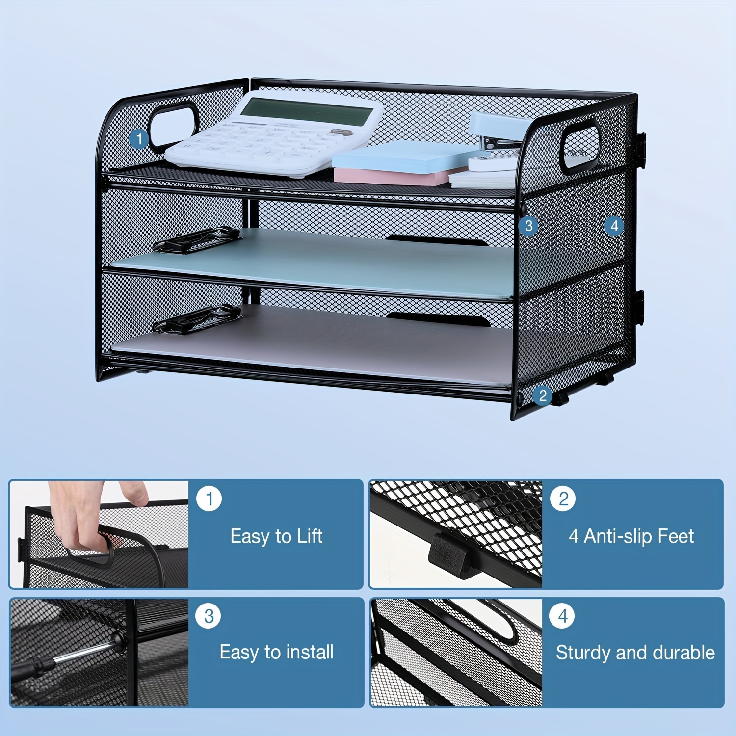 3-tier Mesh Desk Organizer With Drawer, Desktop Paper Letter Organizer ...
