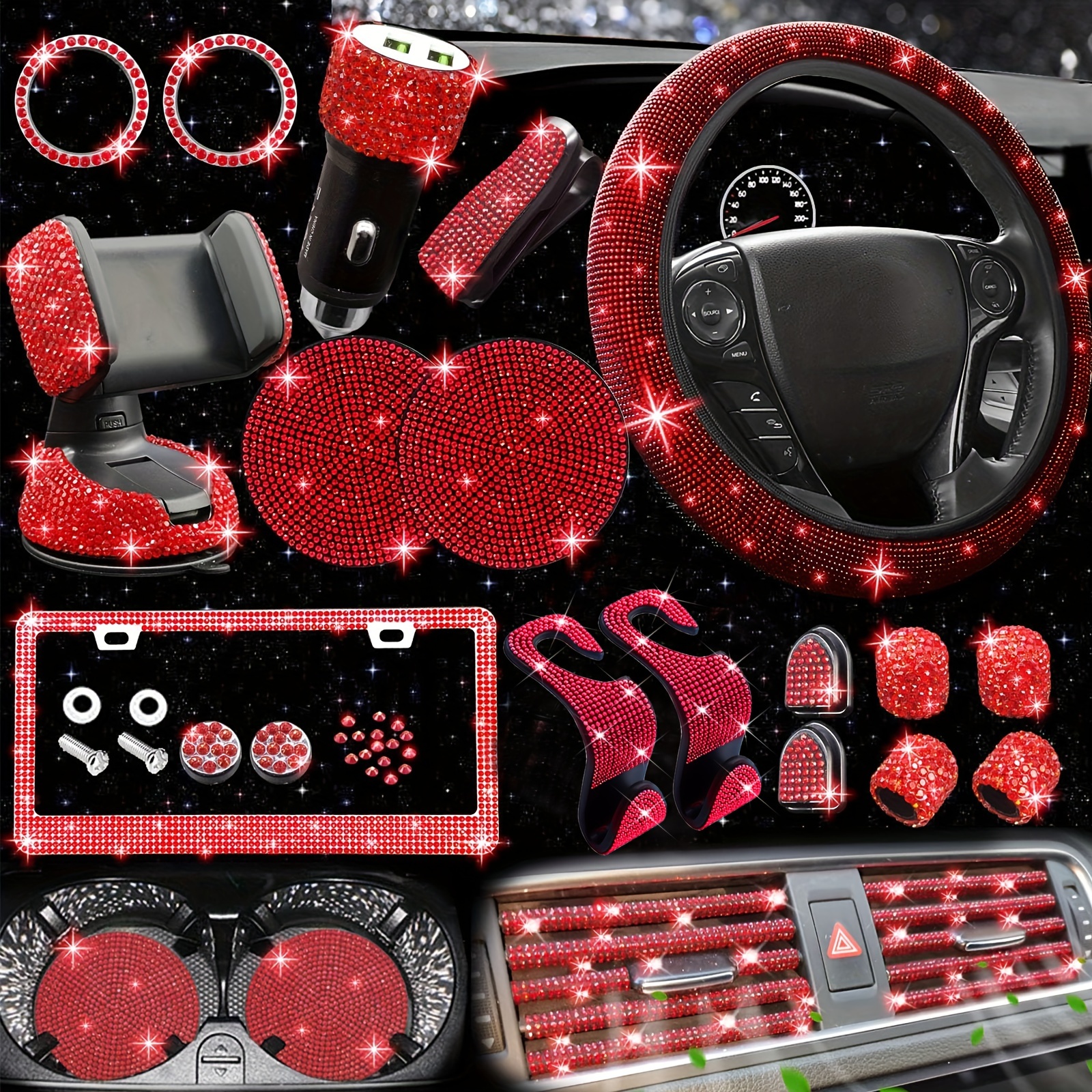 red bling car accessories set women bling steering wheel Temu