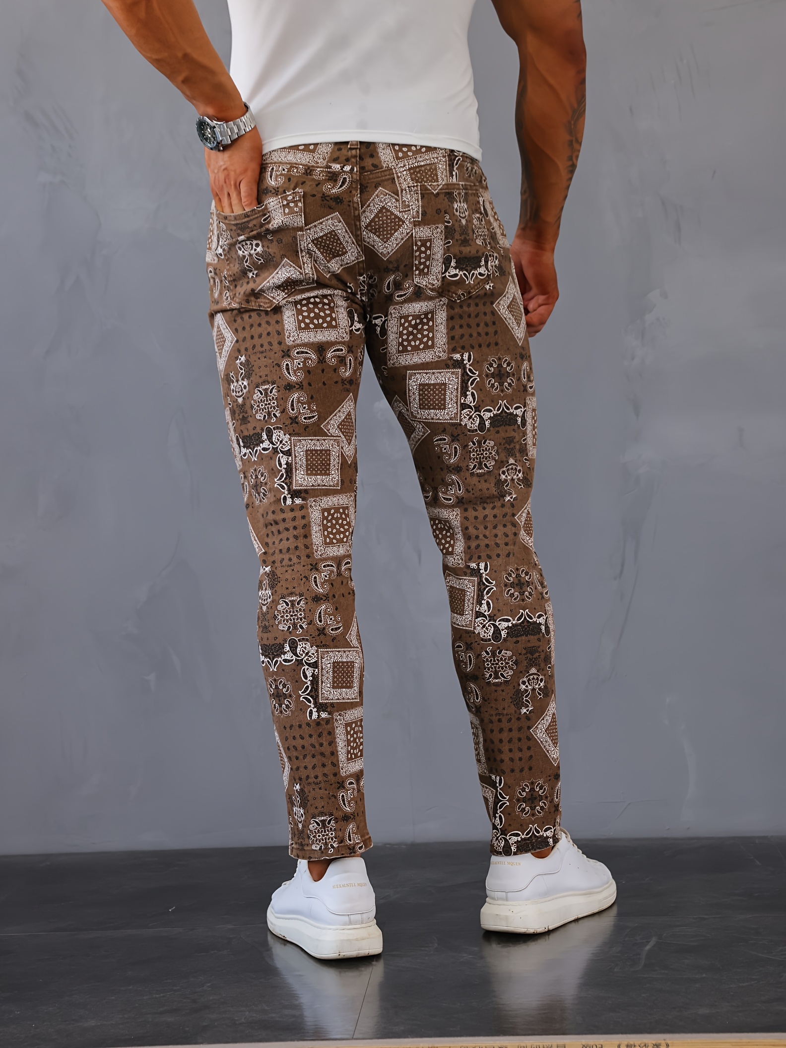 Men's Casual Paisley Pattern Jeans Chic Stretch - Temu France