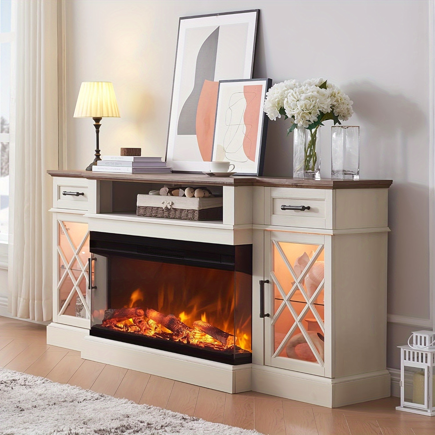 glass farmhouse fireplace tv stand tvs Temu