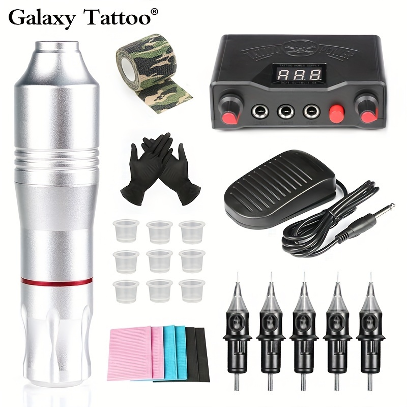 강력한 회전식 펜 Led 문신 전원 공급 장치 5개의 카트리지 바늘 9개의 잉크 컵 발 페달 붕대 및 테이블 커버 액세서리 아티스트를 위한 알루미늄 문신 세트가
