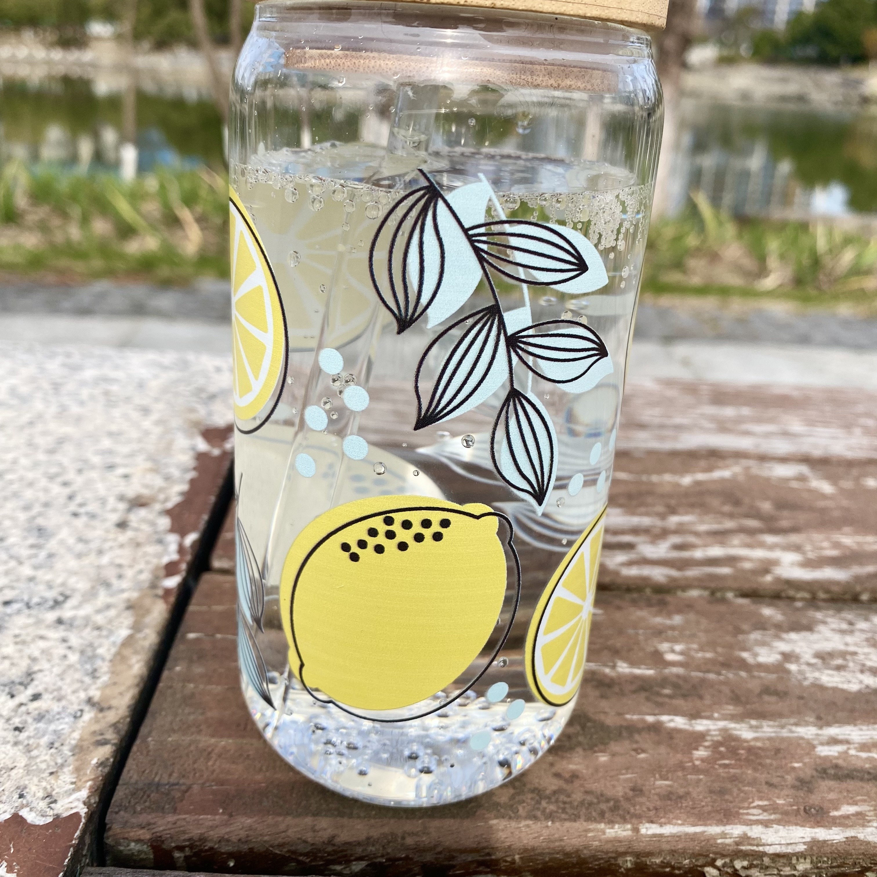Lemon Pattern Drinking Glass Lid Straw Shaped Water Cup Iced - Temu