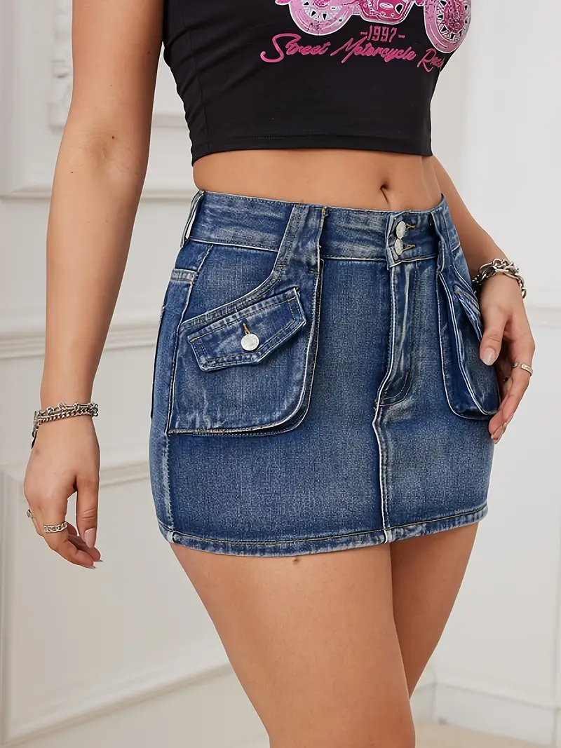 Double Buttons Side Pocket Mini Denim Skirt Washed Blue Temu Portugal