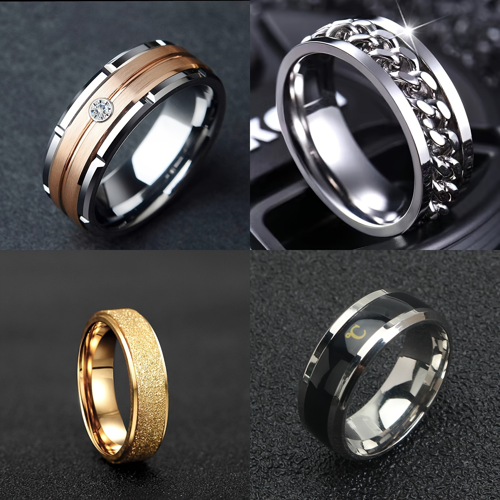 Fashion Stainless Steel Chain Design Frosted Rings - Temu Denmark