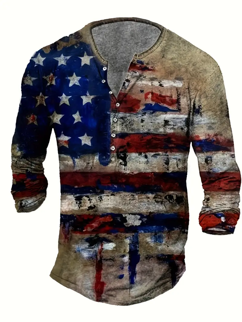 Plus Size Mens Vintage Henley Shirt Us Flag Graphic Print Temu Ireland