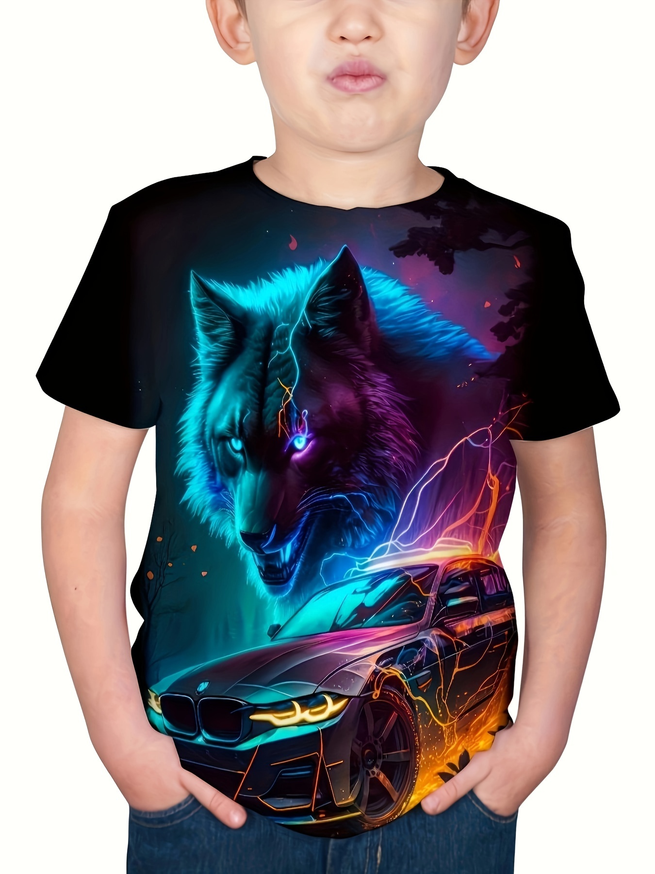 Cool Wolf Car 3d Print T shirt Tees Kids Boys Casual Short - Temu New Zealand