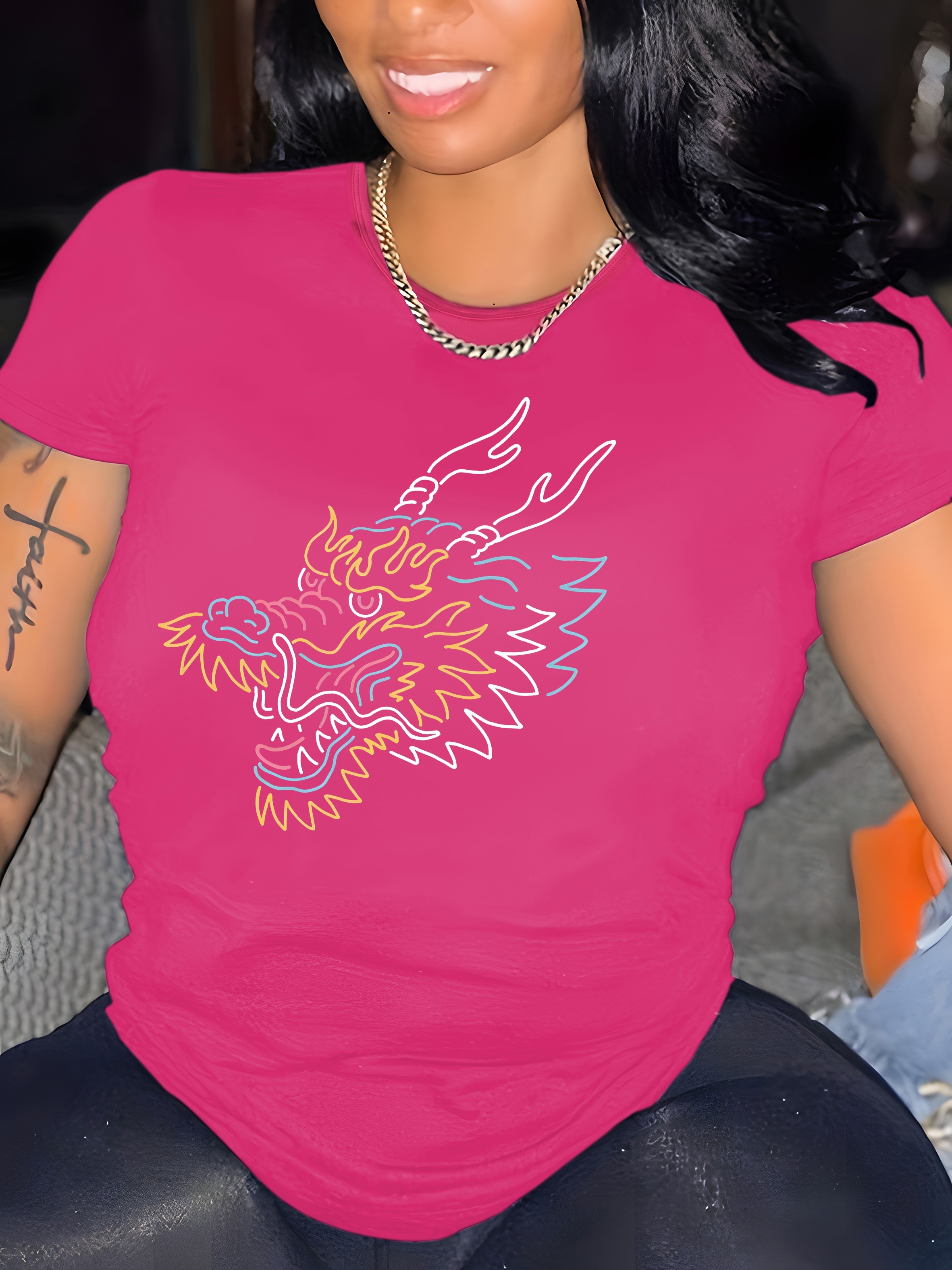 Dragon Print T shirt Casual Short Sleeve Crew Neck Top - Temu Canada