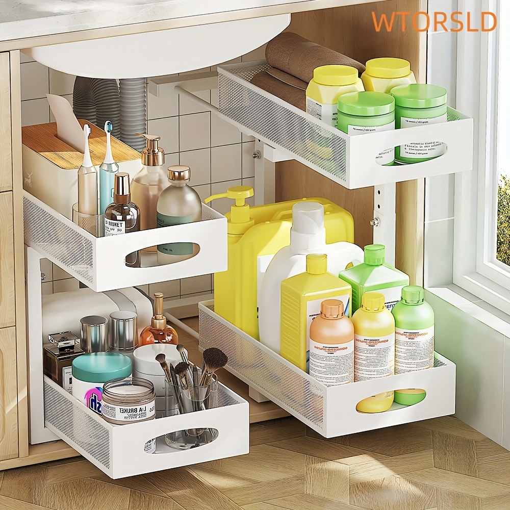 cabinet organizer sink 2 tier pull metal basket mesh sliding Temu United Kingdom