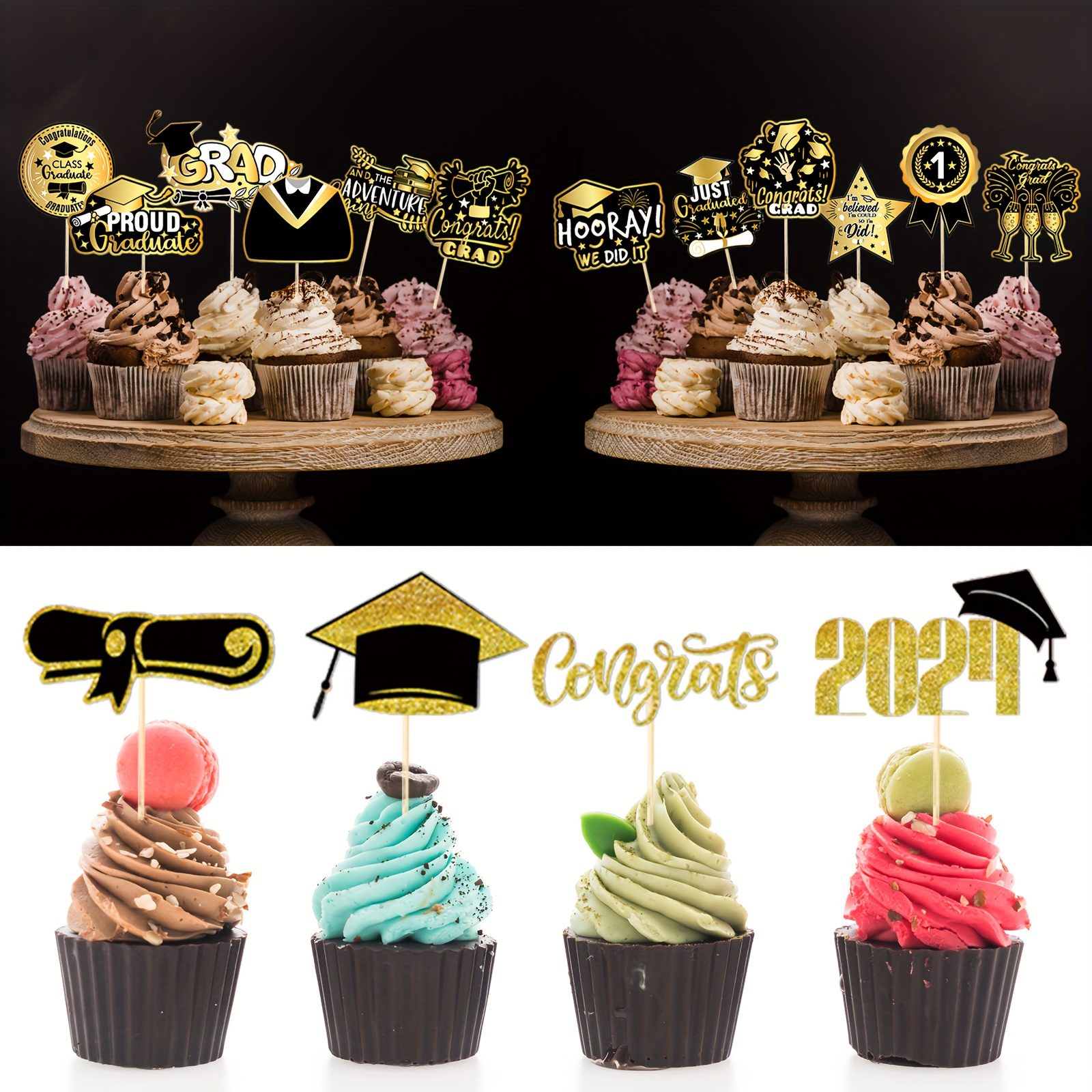 2024 Graduation Cupcake Toppers Set Of 28 - Black And Gold Paper ...