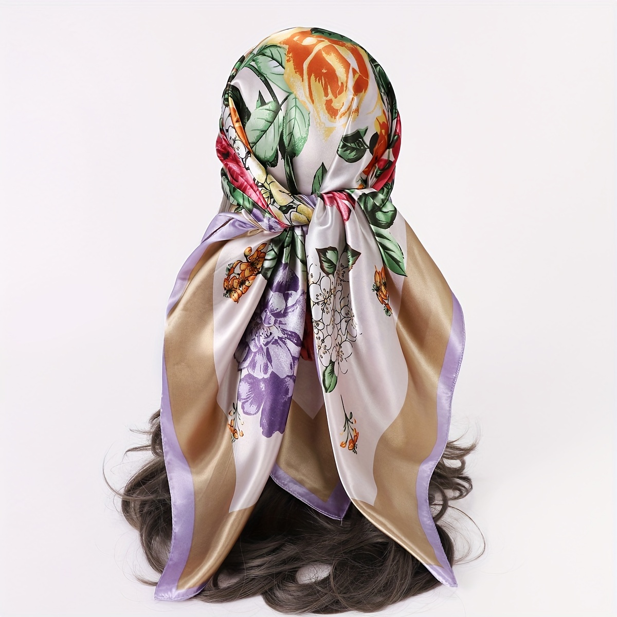Colorful Flower Print Square Scarf Simulated Silk Neck Scarf - Temu Canada