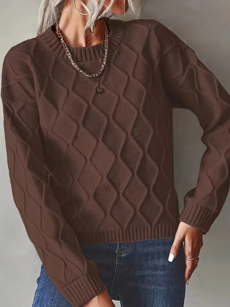 Argyle Solid Knit Sweater Elegant Crew Neck Long Sleeve Temu