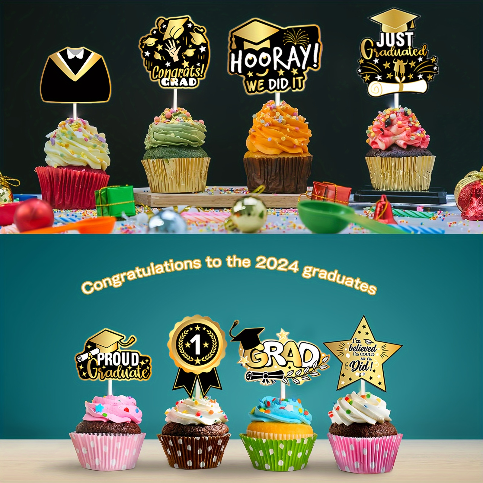2024 Graduation Cupcake Toppers Set Of 28 - Black And Gold Paper ...