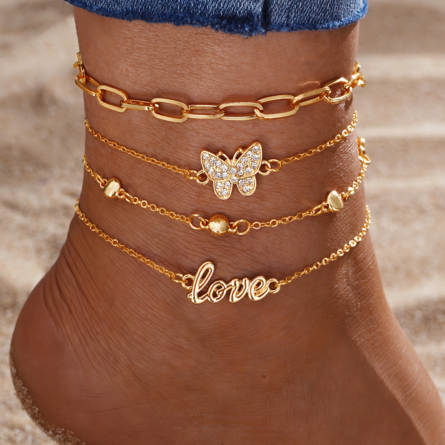Four Pieces set Delicate Thin Anklet Chain Trendy Jewelry With Adjustable Thin Chains Delicate Charm Hypoallergenic Stackable Ankle Bracelet S