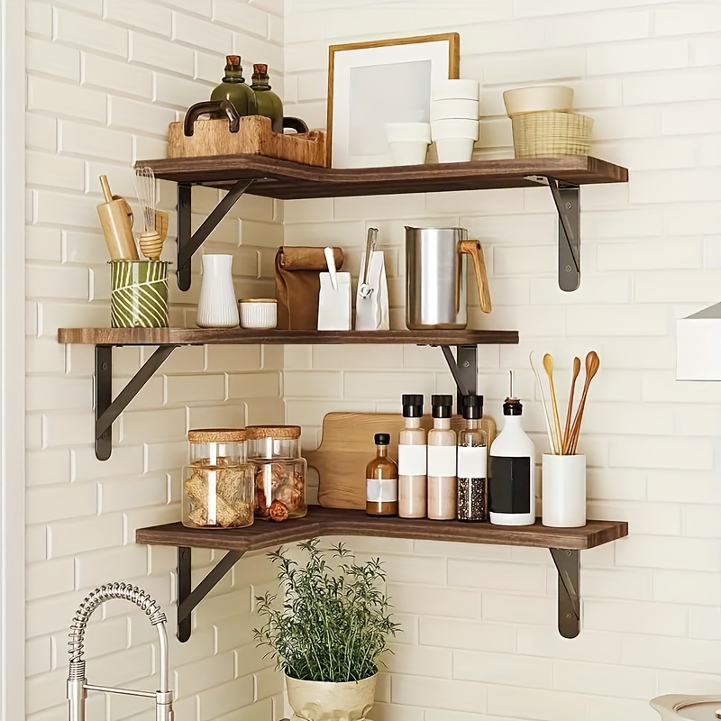 3 5pcs corner floating shelf rustic brown room decor home decor bathroom accessories wooden wall storage rack suitable for bathroom kitchen bed