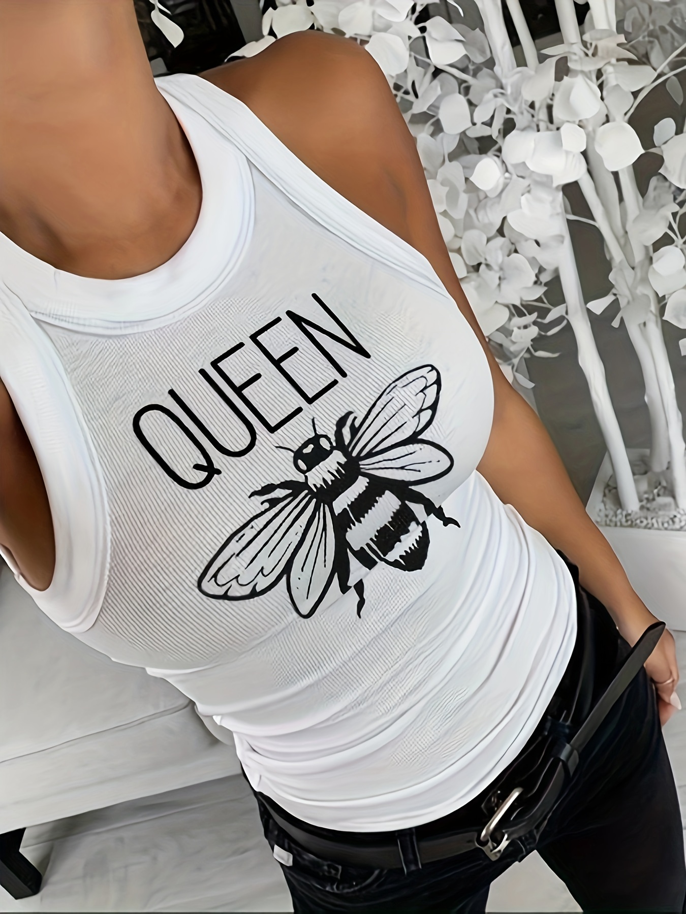 Letter Bee Print Crew Neck Tank Top Casual Sleeveless Tank - Temu Canada
