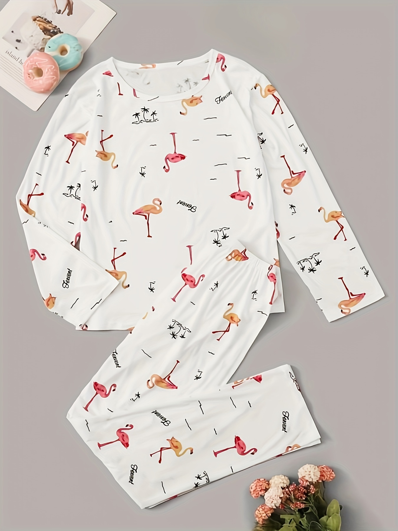 Flamingo Letter Print Lounge Set Long Sleeve Round Neck Top - Temu ...