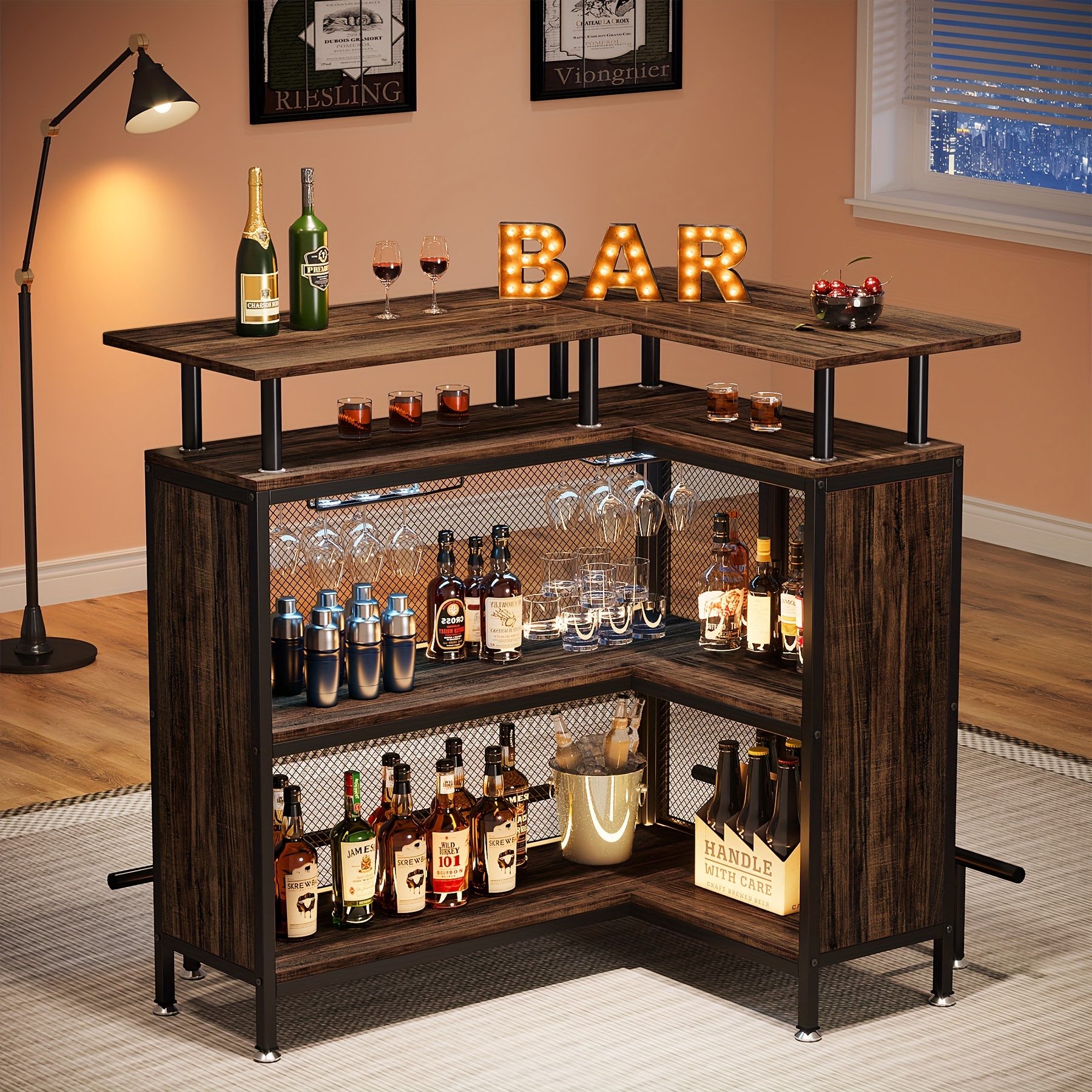 l shaped home bar unit stemware racks 2 tier shelves Temu