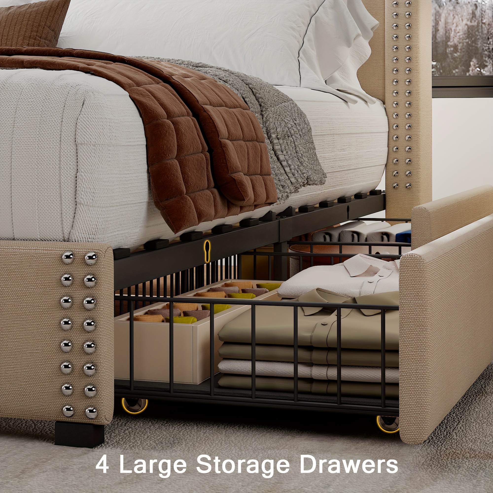 Upholstered Bed Frame With 4 Storage Drawers, Platform Bed Frame With ...