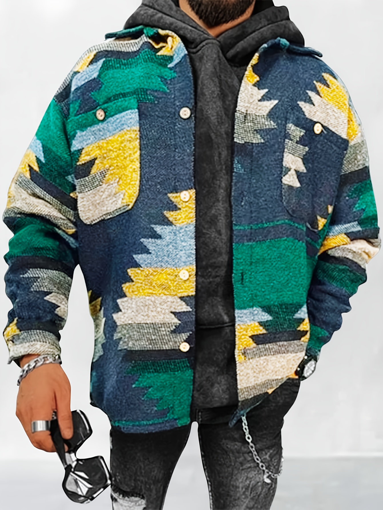 Men's Stylish Color Matching Geometric Pattern Jacket Chest - Temu Canada