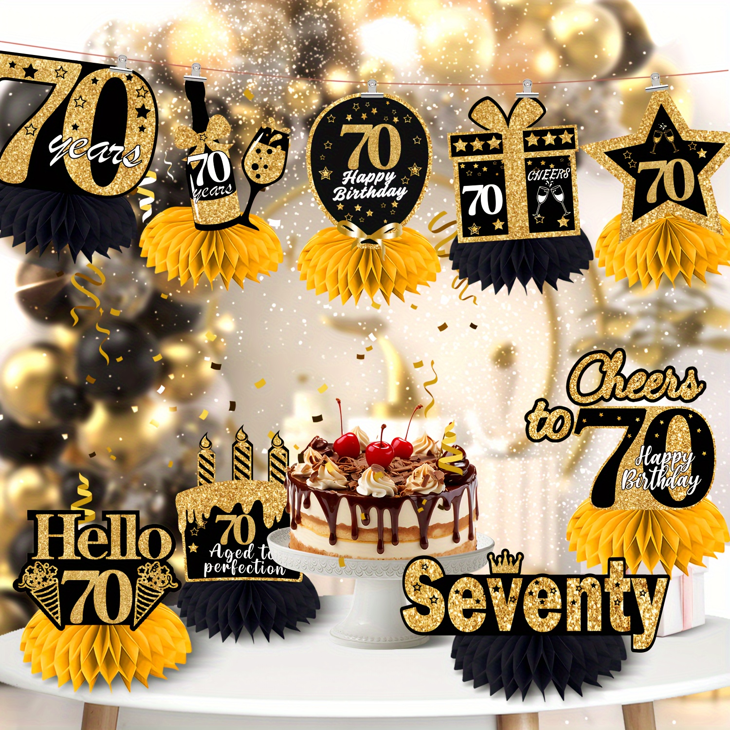 Black Golden 70th Birthday Party Honeycomb Table Decor Set - Temu