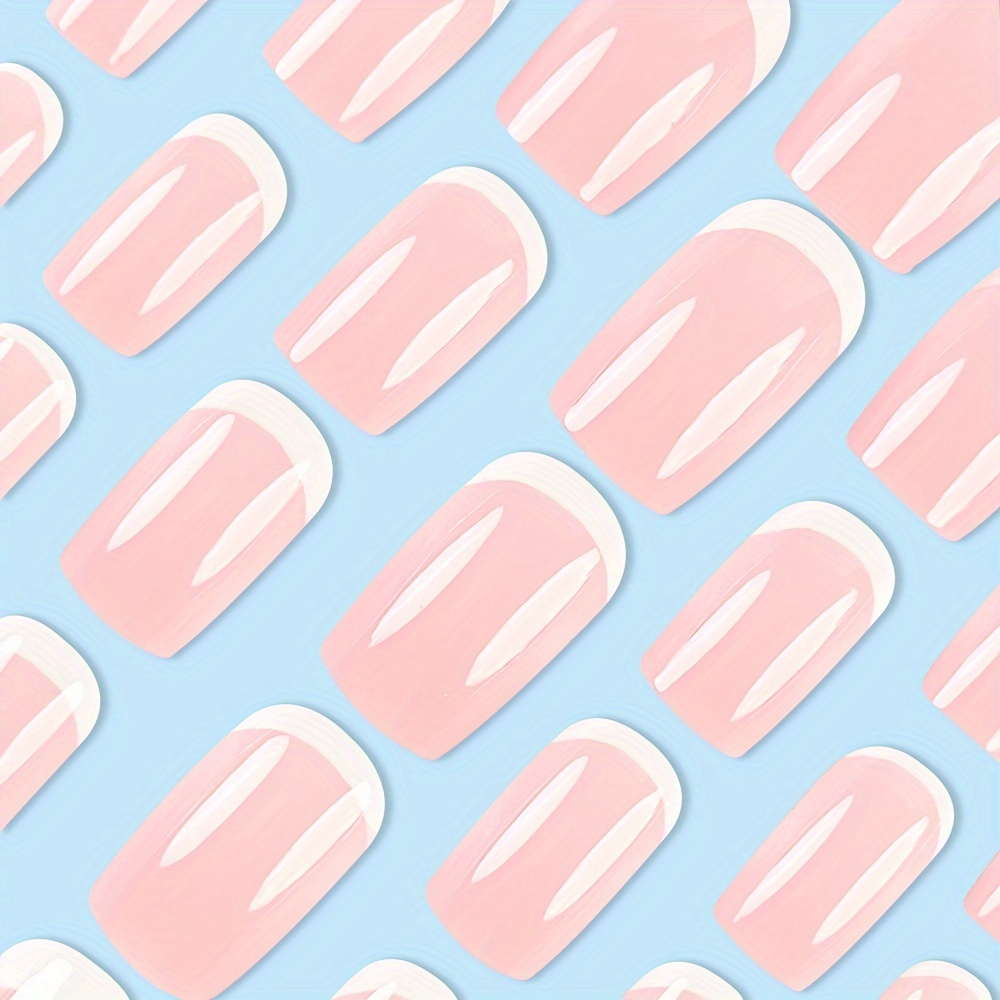 Chic French Tip Press Nails Set Medium Glossy Pink - Temu