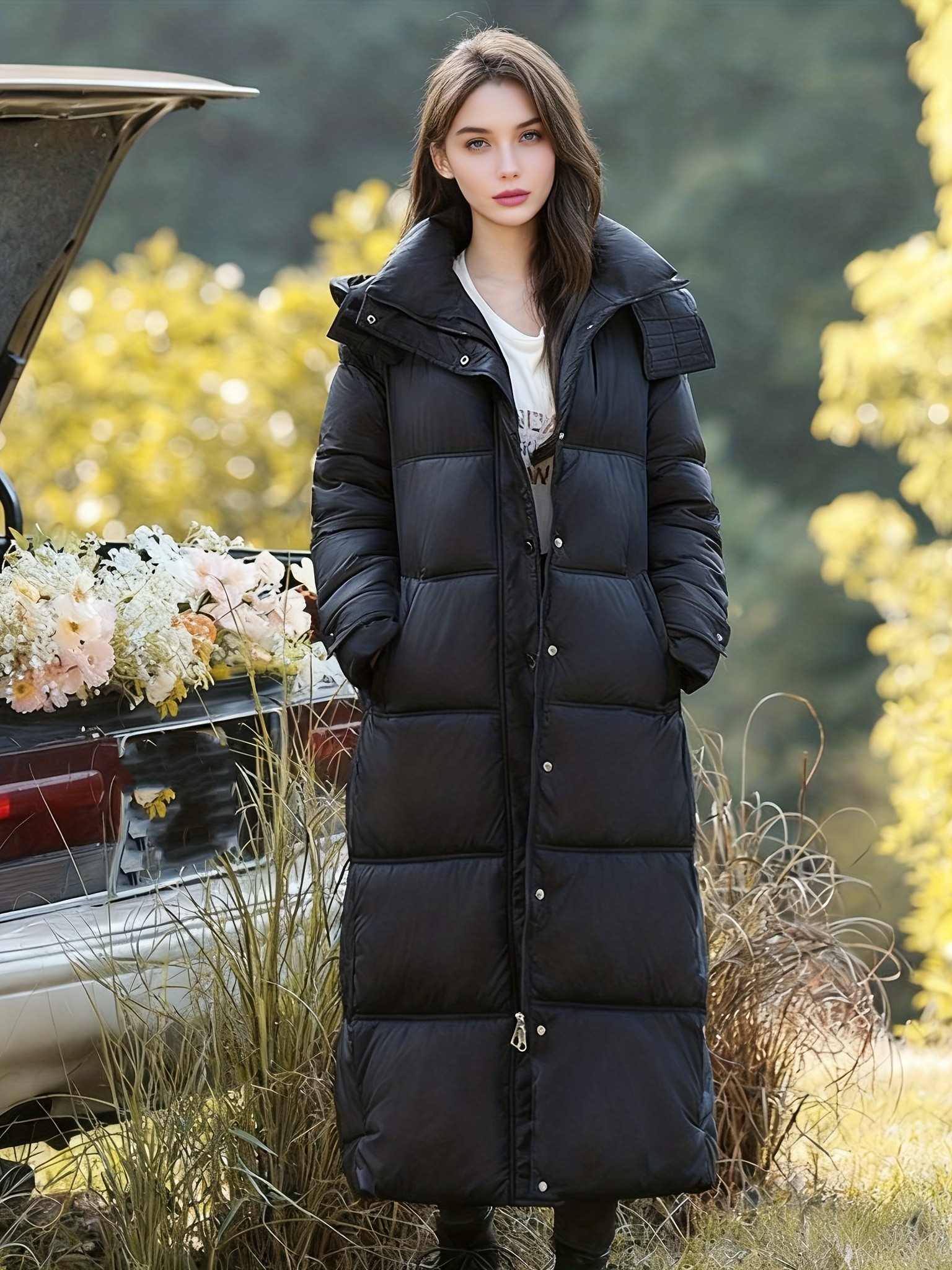 womens long puffer jacket sold on Temu United States