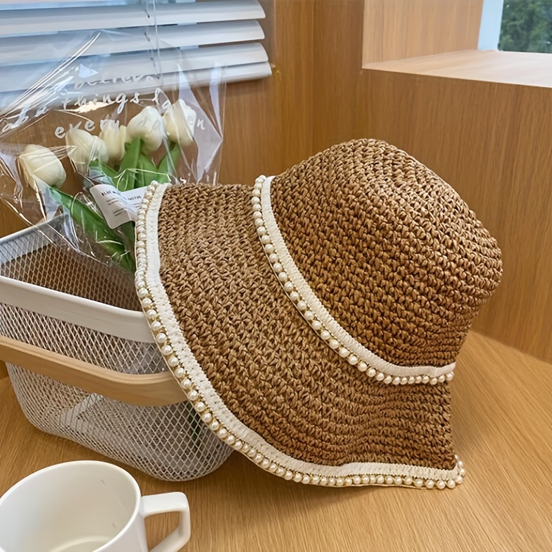 pearl trim straw bucket hat elegant solid color sun - Temu Australia