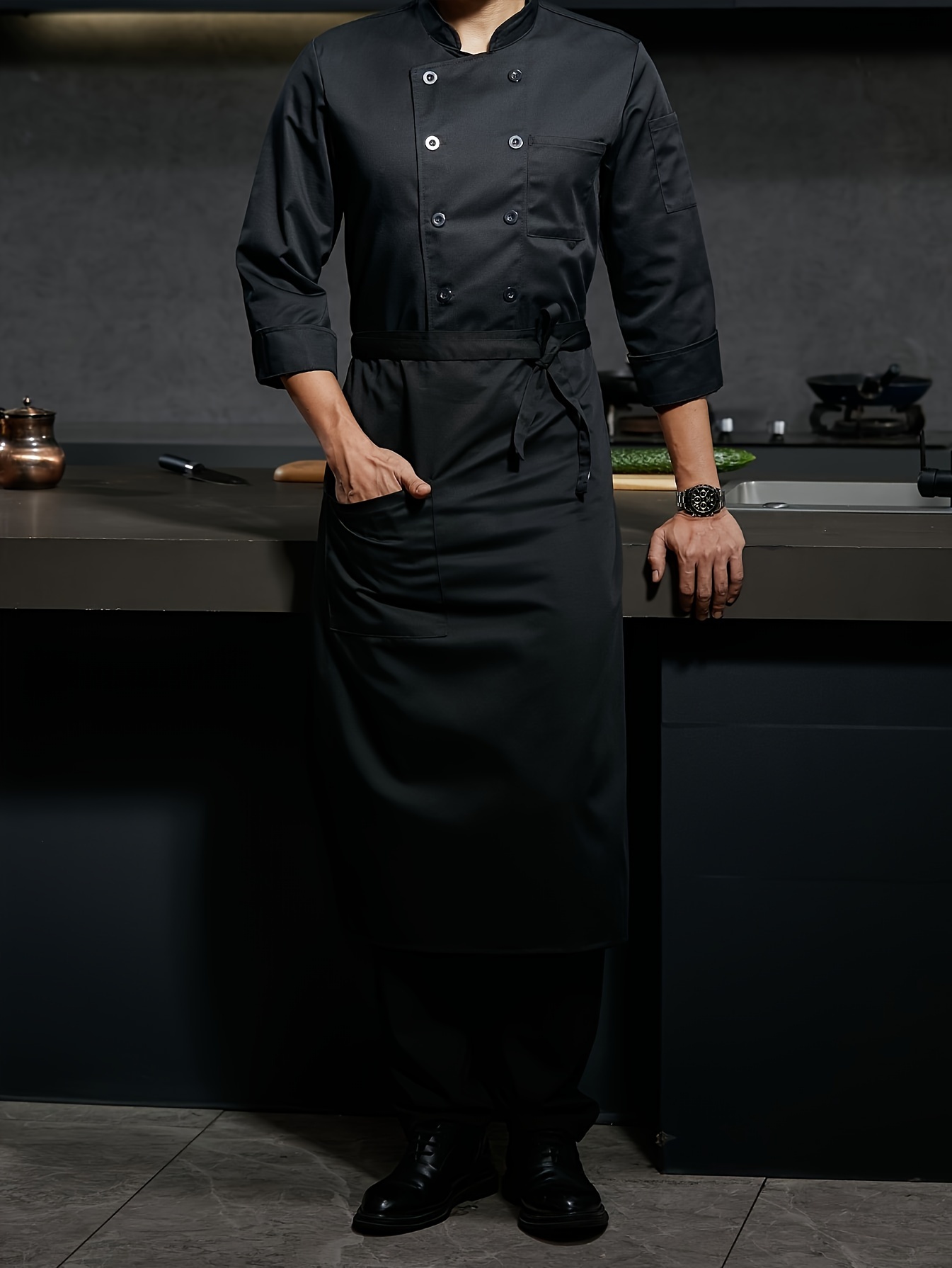 Men's 100% Cotton Chef Coat, Elegant Solid Long Sleeve Double Breasted ...